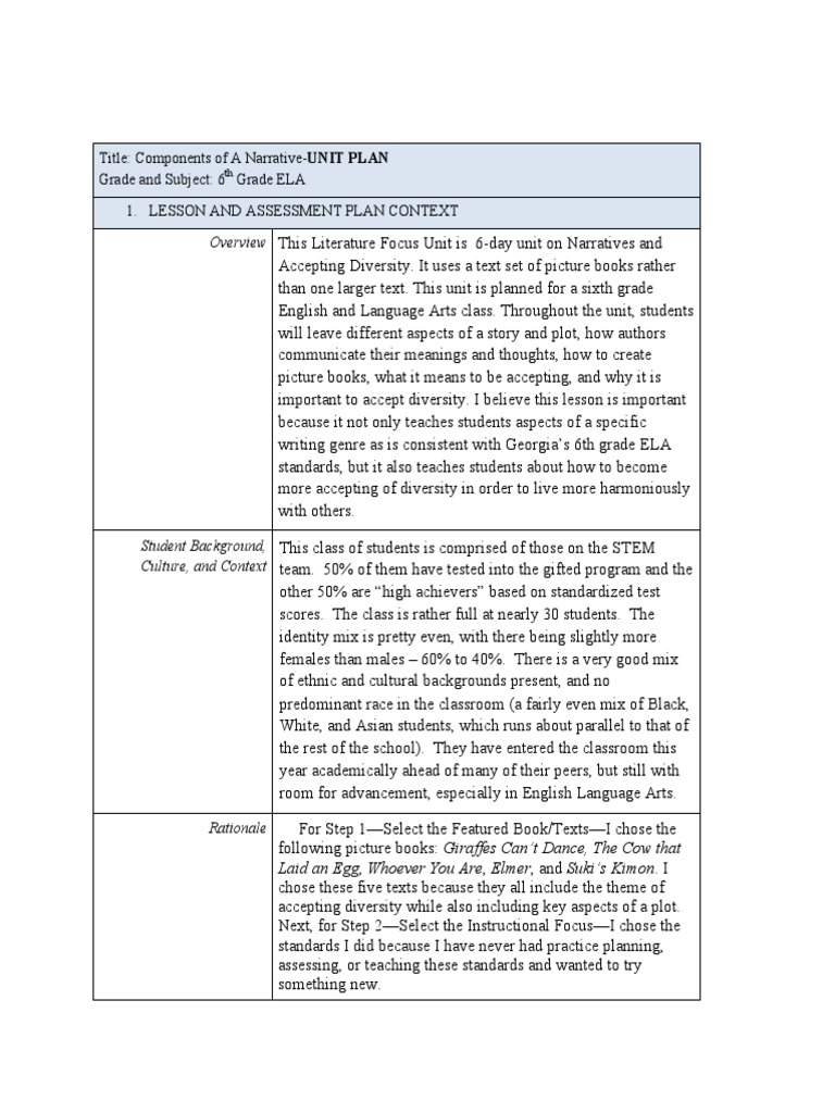 Title: Components of A Narrative-UNIT PLAN Grade and Subject: 6 Grade ...