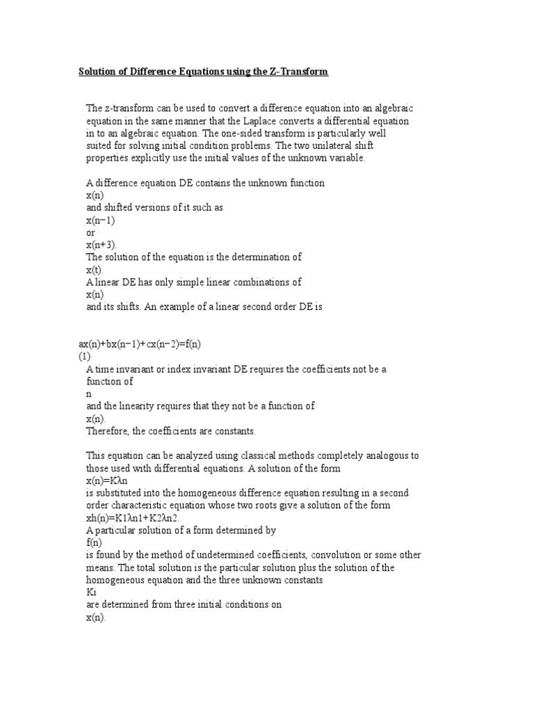 Solution of Difference Equations Using The Z | PDF | Recurrence Relation | Equations