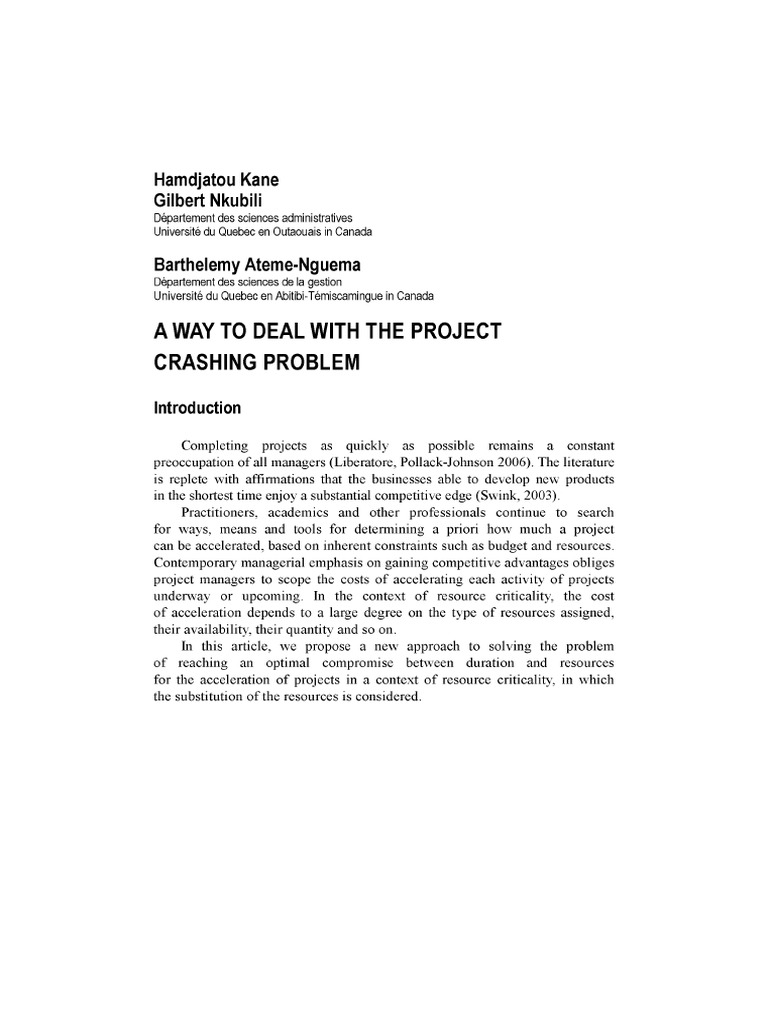 A Way To Deal With The Project Crashing Problem: Hamdjatou Kane Gilbert Nkubili | PDF ...
