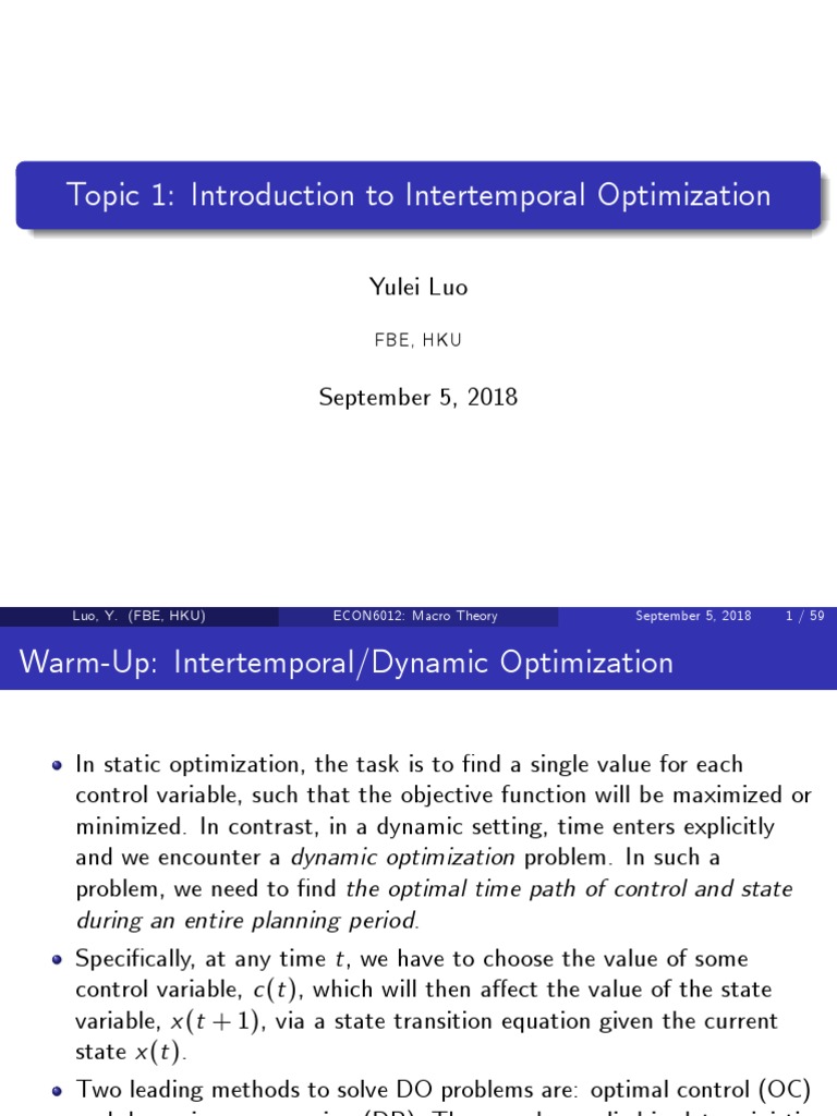 Topic 1: Introduction To Intertemporal Optimization: Yulei Luo | PDF | Mathematical Optimization ...