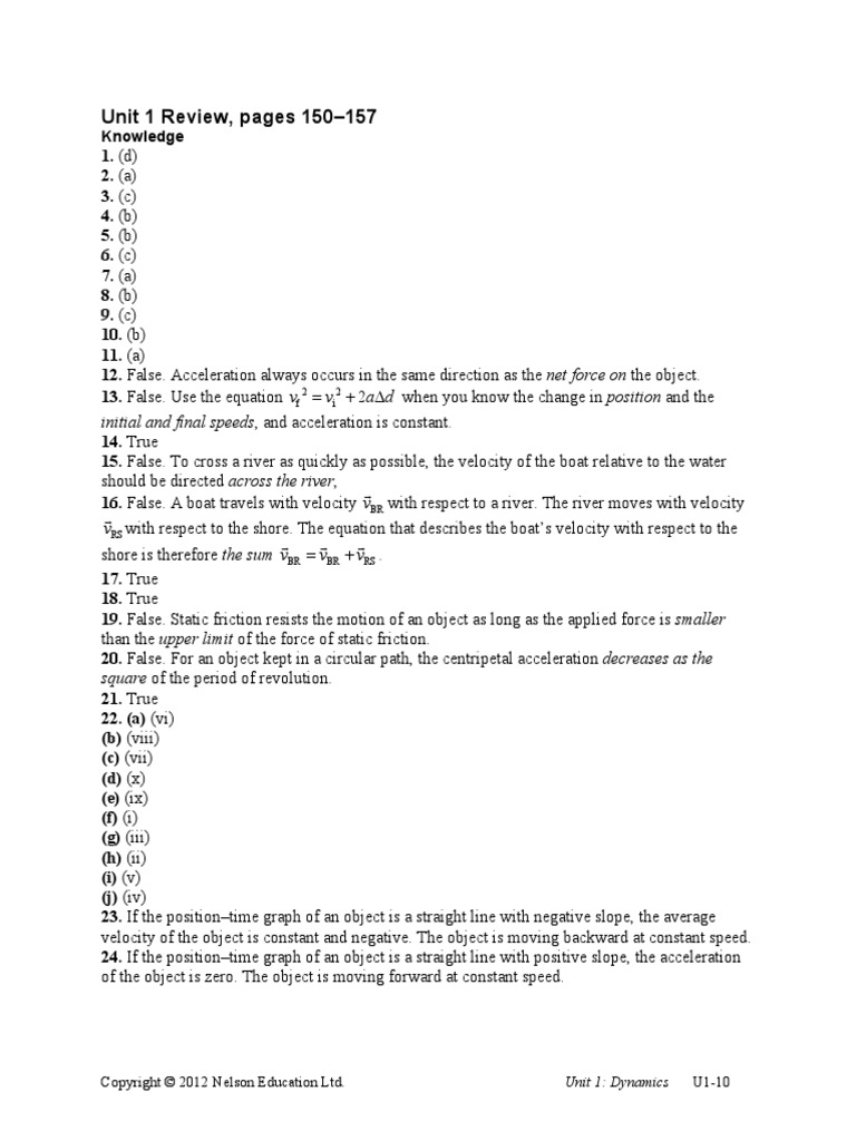 Physics 12 (Nelson) - Unit #1 Solution | PDF | Acceleration | Velocity