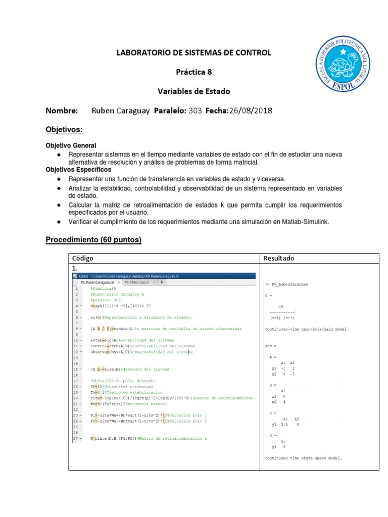 Practica Variables de Estado Sistemas de Control | PDF | Realimentación ...