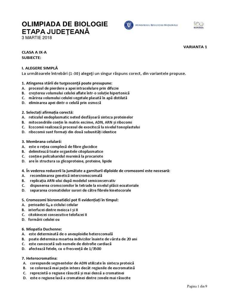 Olimpiada De Biologie Etapa Judeţeană: Varianta 1 Clasa A Ix-A Subiecte ...