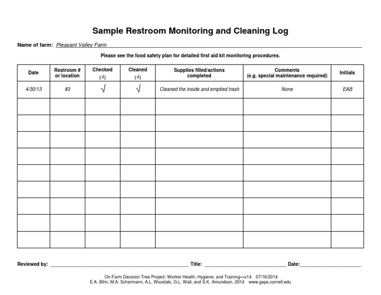 Sample Restroom Monitoring and Cleaning Log: Pleasant Valley Farm | PDF