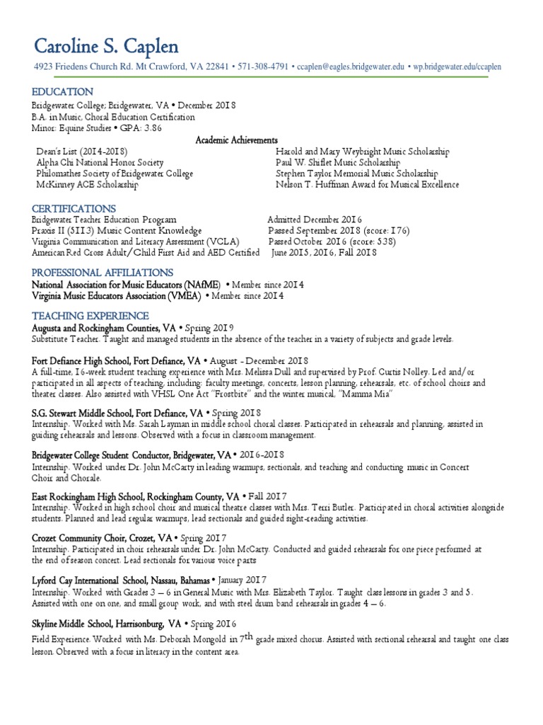 Caplen-Resume Jan 19 | PDF | Choir | Conducting