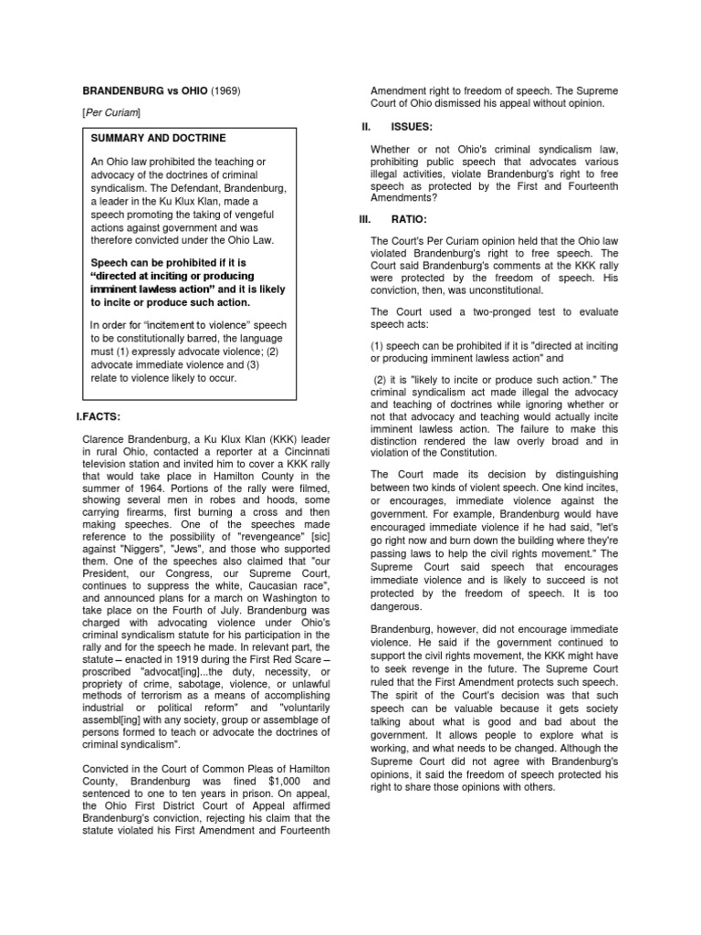 Brandenburg Vs Ohio (Dancel) | PDF | First Amendment To The United ...