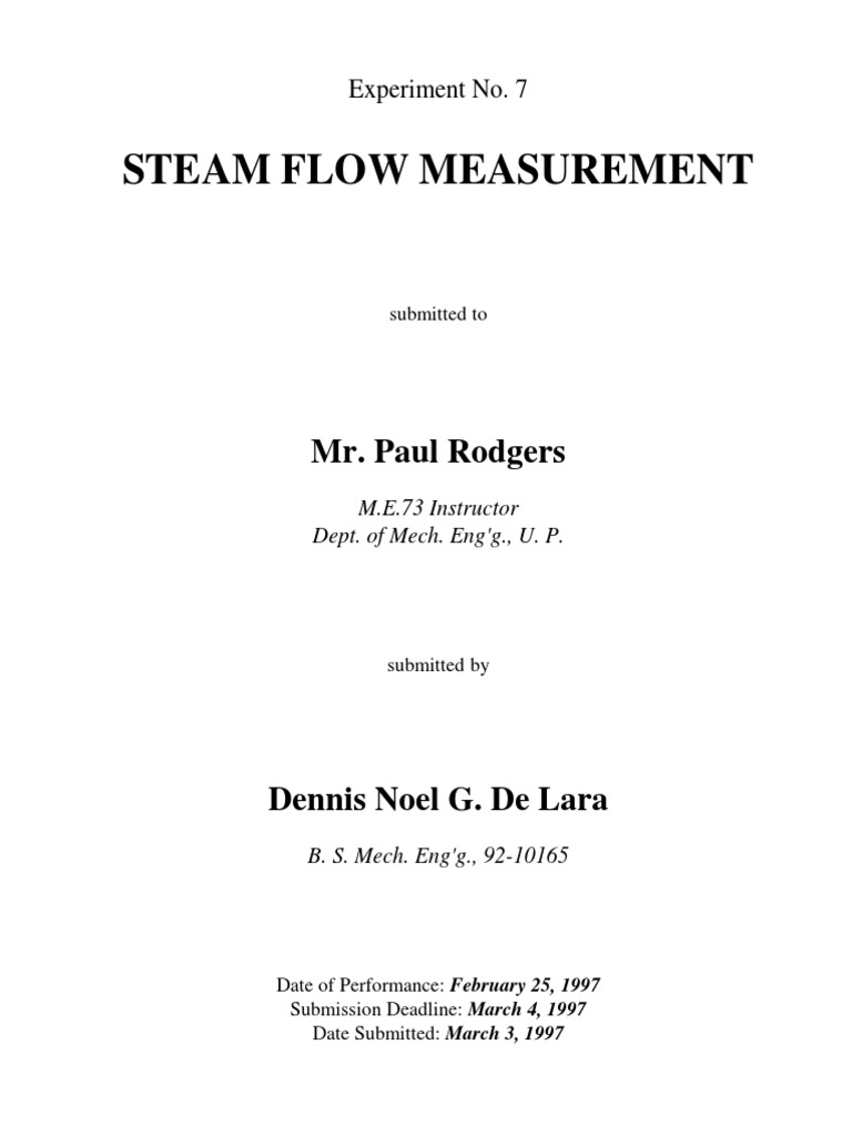 1997 03 03 ME73 Exp7 Steam Flow Measurement | PDF | Flow Measurement ...