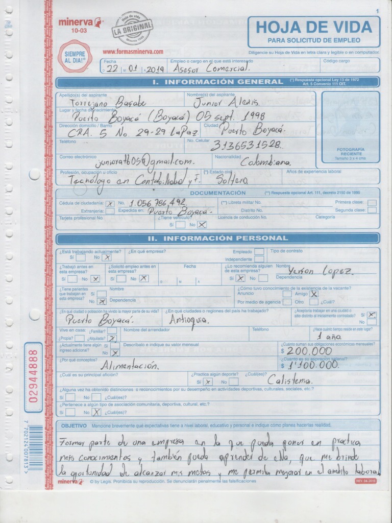 Hoja de Vida Minerva 10-03 | PDF