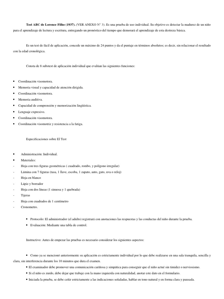Test ABC de Lorenzo Filho: Evaluación Infantil | PDF | Memoria | Lápiz
