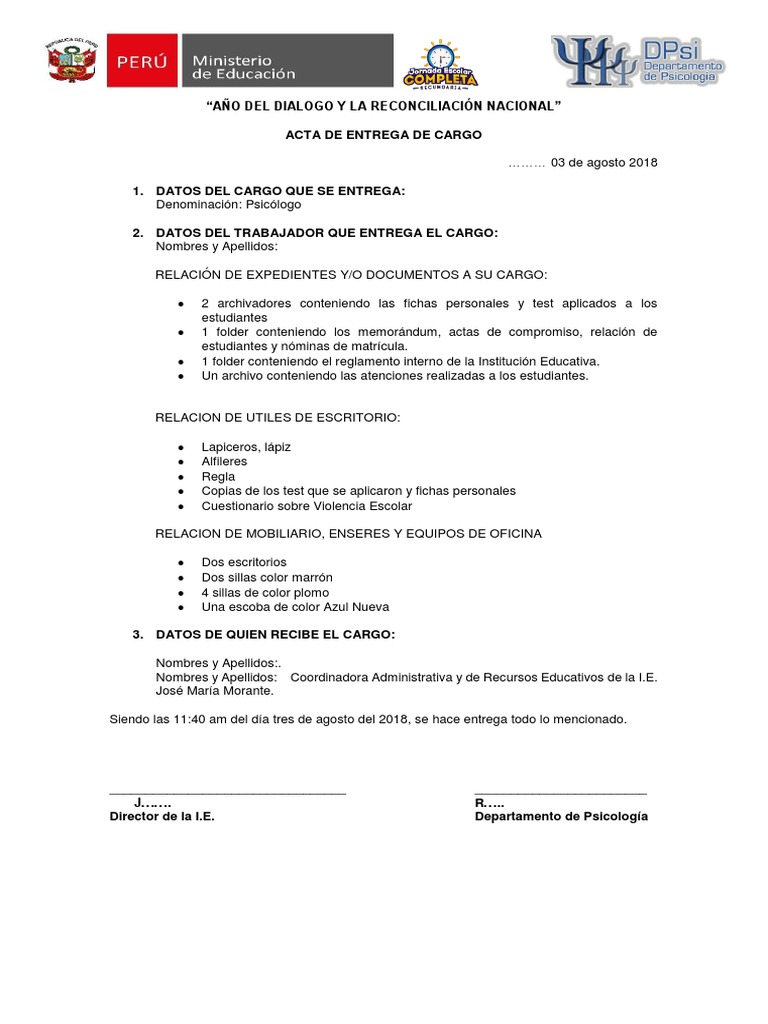 MOdelo de Informe de Entrega de Cargo | PDF