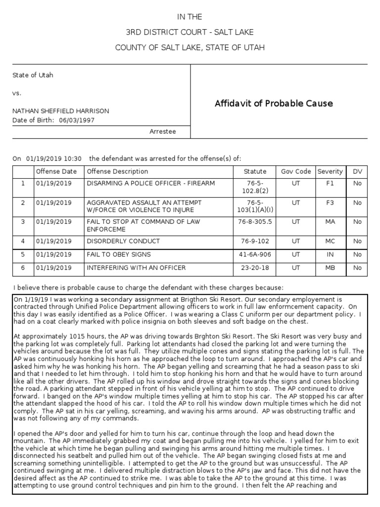 Nathan Harrison Arrest Affidavit | PDF | Police | Justice