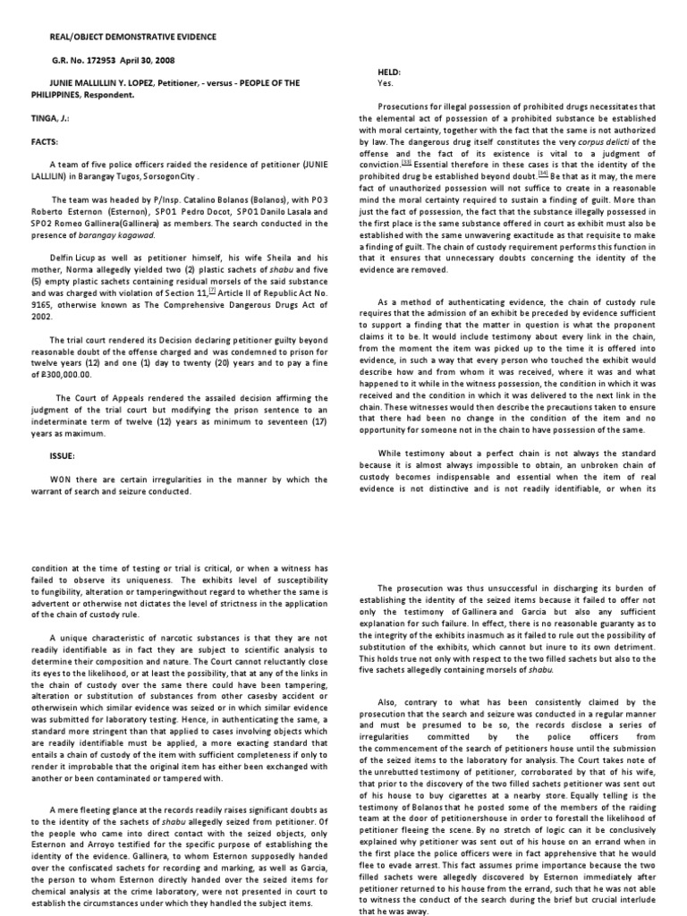 Real/Object Demonstrative Evidence G.R. No. 172953 April 30, 2008 Junie ...
