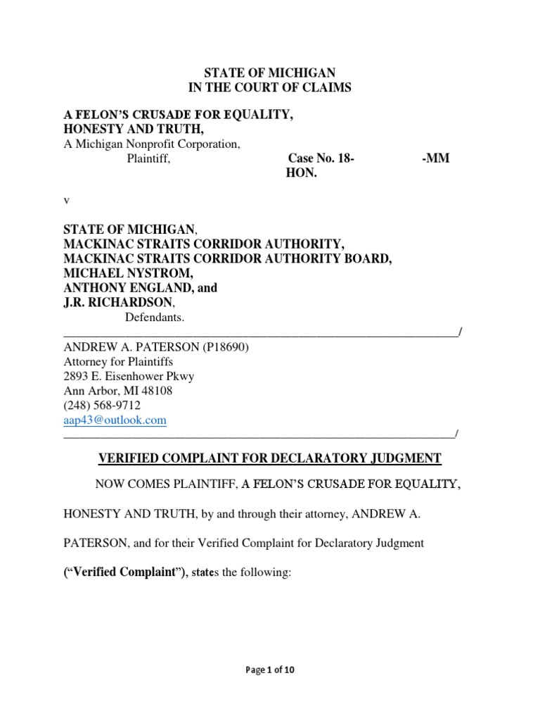 FINAL REVISED DRAFT A FELON's CRUSADE Complaint Lawsuit Against State of Michigan Regarding ...
