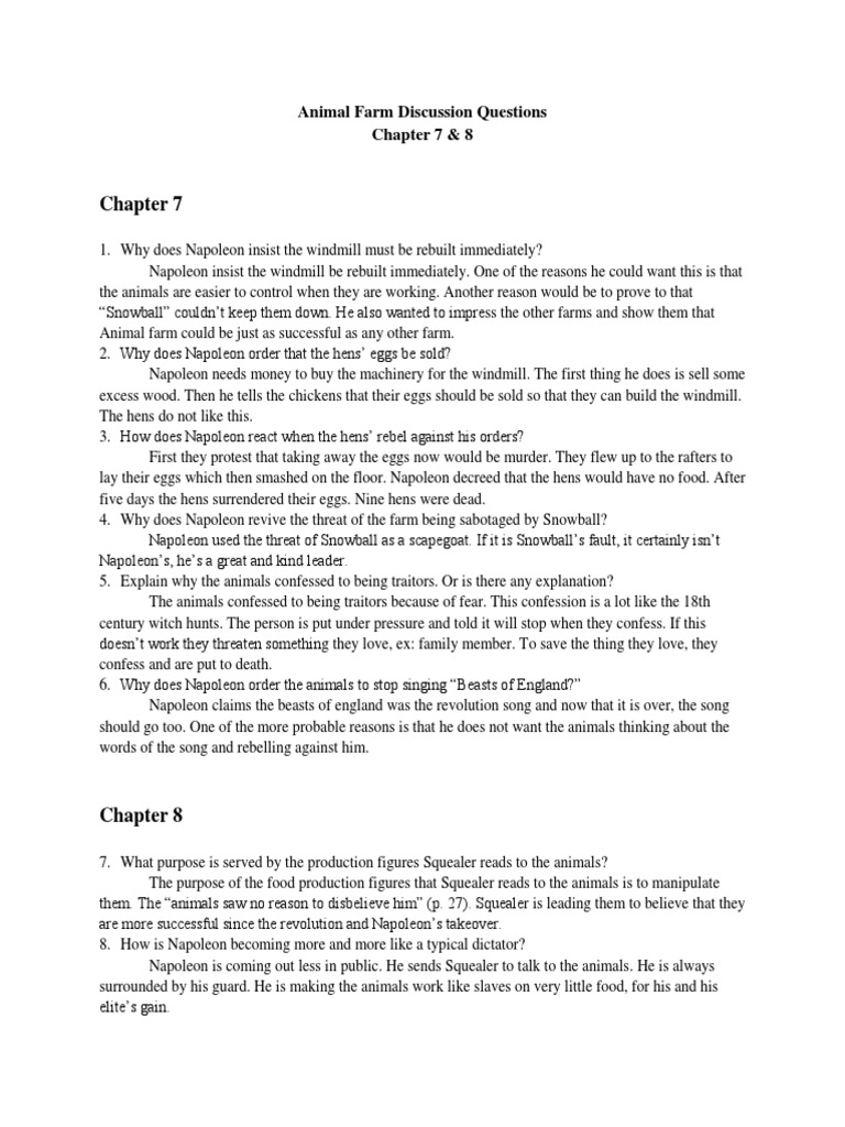 Vanessa Watson - Animal Farm Chapter 7 8 Questions | PDF | Young Adult