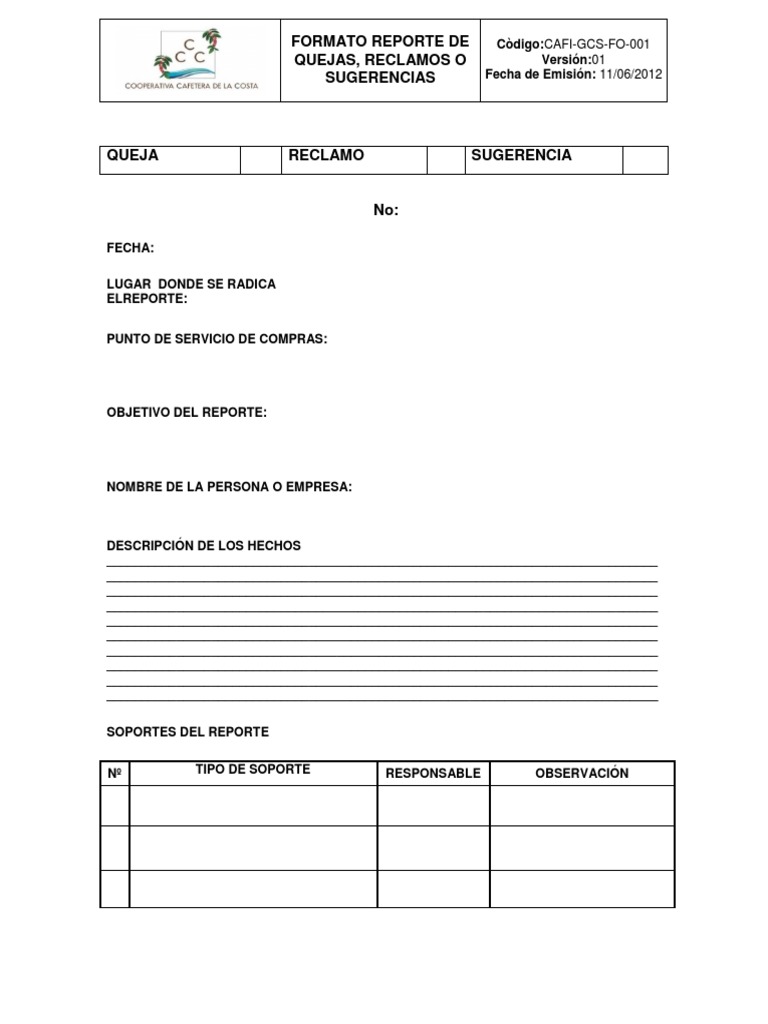 Plantilla De Formulario De Queja Del Cliente