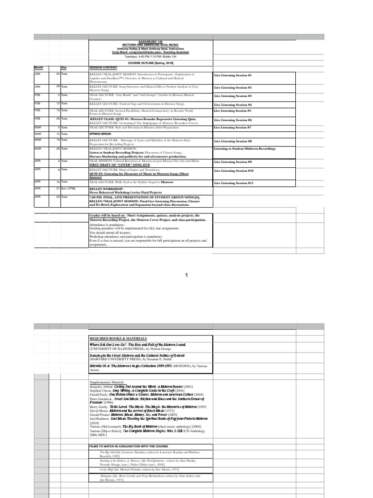 Motown 2019S Course Outline Tentative 2 | PDF | Motown | Entertainment