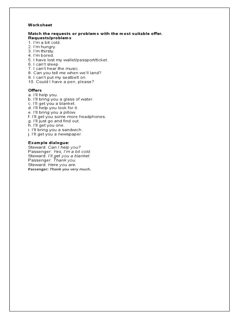 Worksheet Match The Requests or Problems With The Most Suitable Offer ...