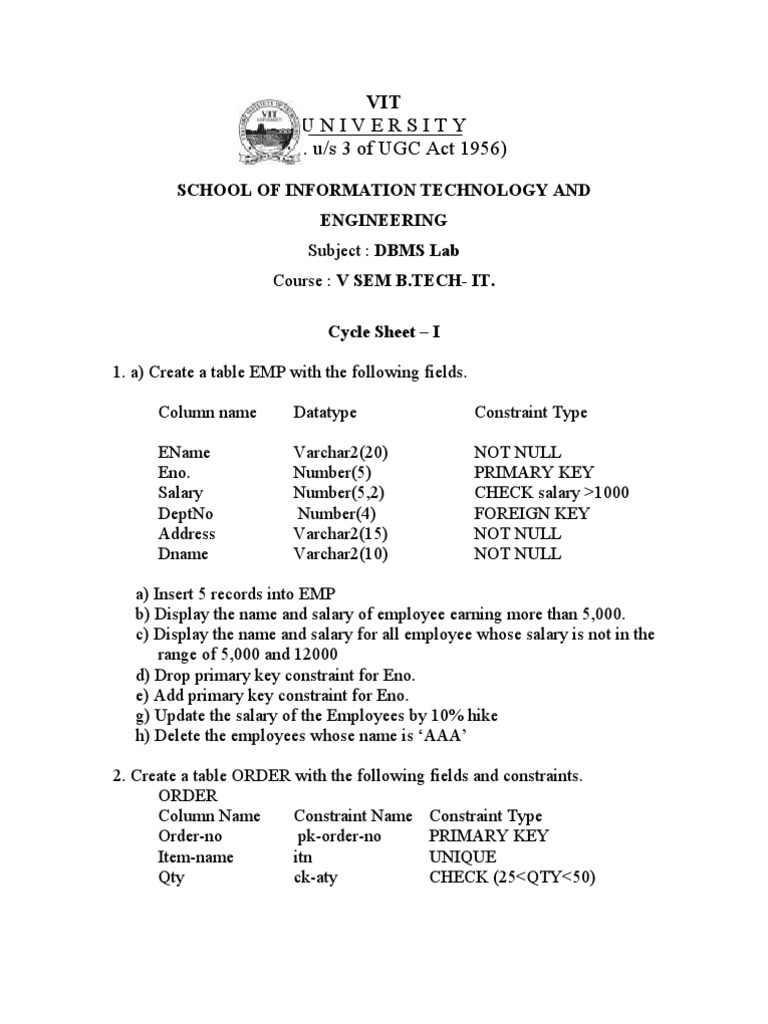 Database Management System (DBMS) Lab Cycle Sheets for B.Tech IT 5th Semester Students | PDF ...
