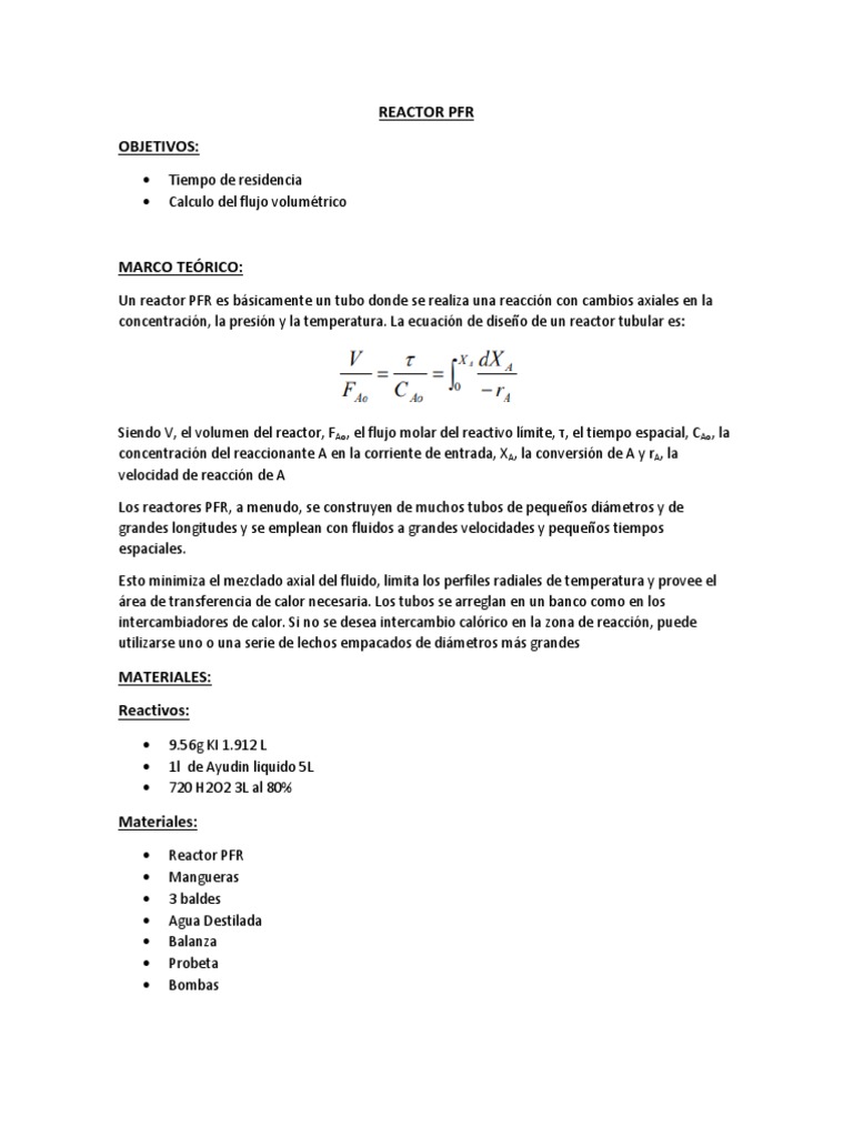 Reactor PFR | PDF | Reactor Quimico | Química Física