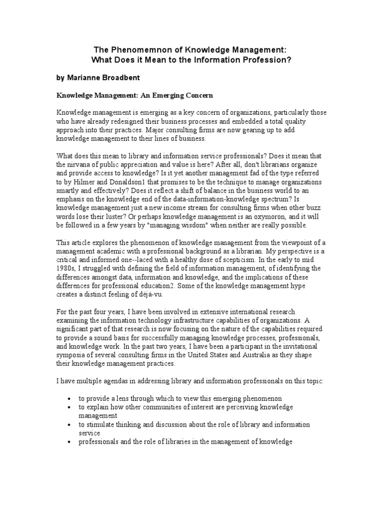 The Phenomemnon of Knowledge Management: What Does It Mean To The Information Profession ...