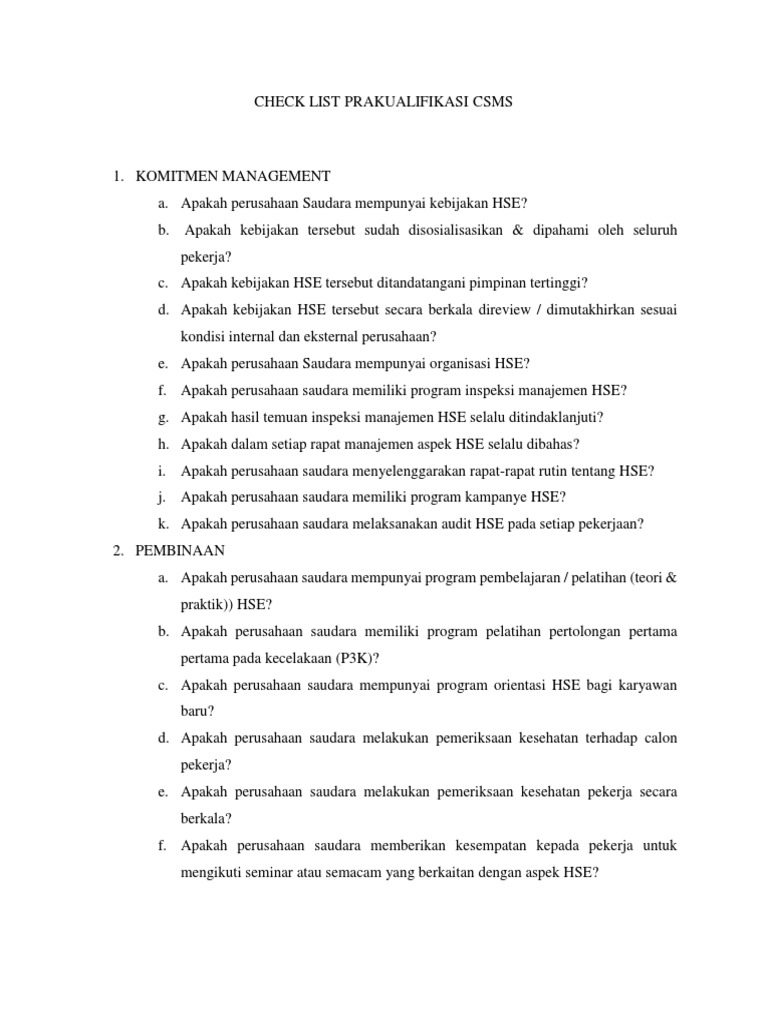 Check List Prakualifikasi CSMS | PDF | Bisnis