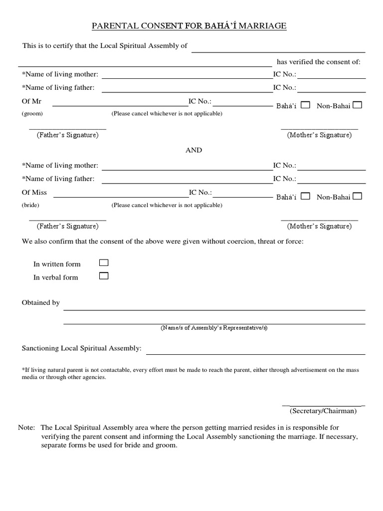 Bahai Marriage Parental Consent Form | Bahá'í Faith | Religious Faiths