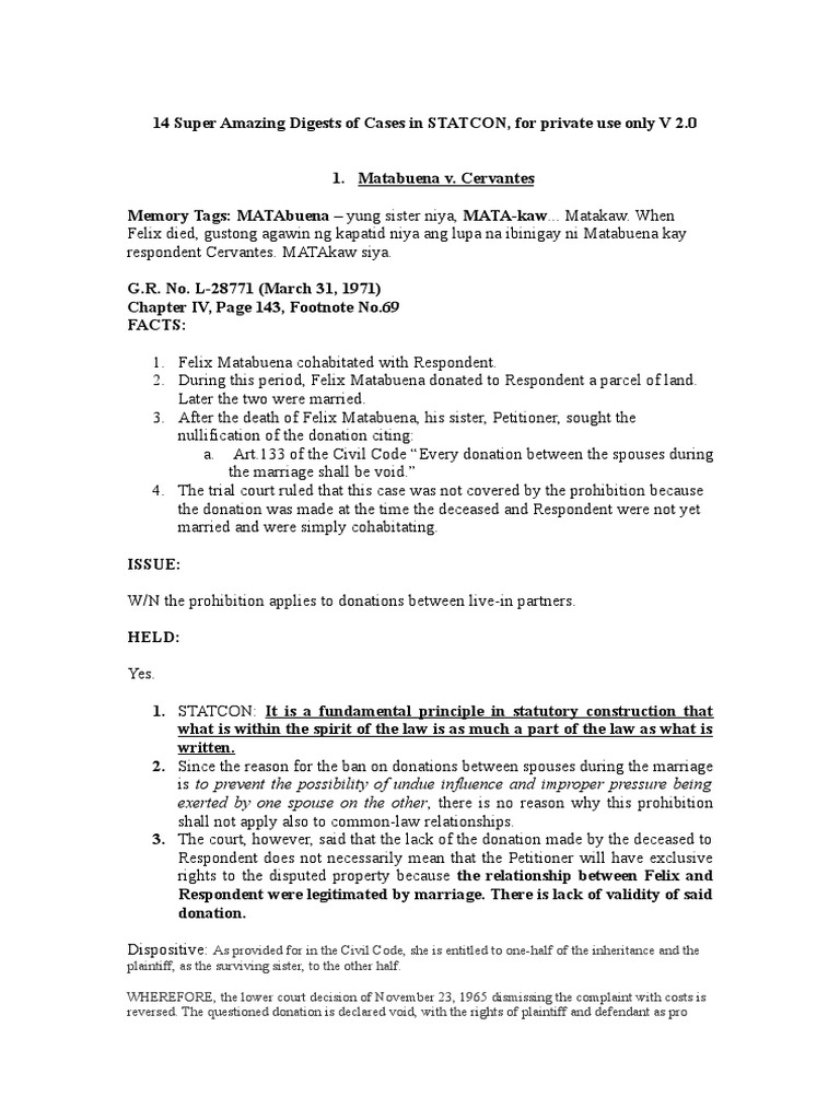 14 Key Case Summaries in STATCON | PDF | Statutory Interpretation | Res Judicata