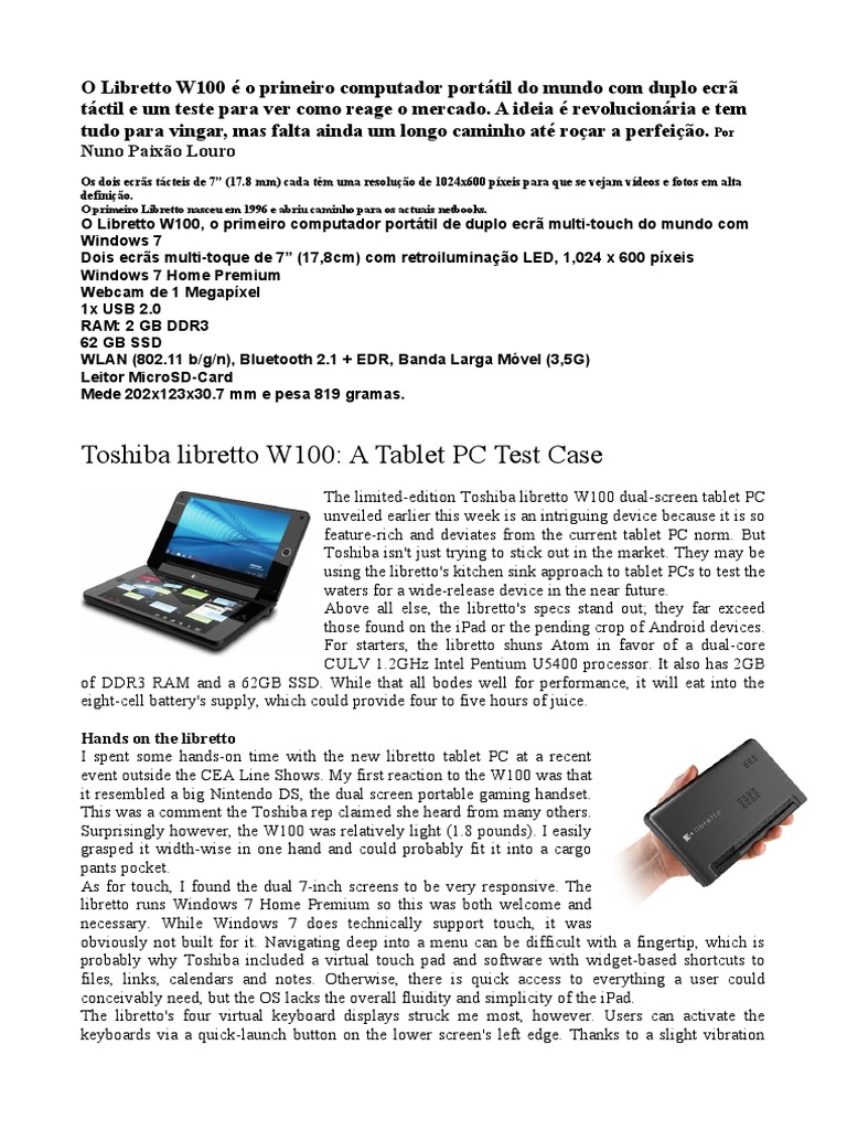 Toshiba Libretto W100: A Tablet PC Test Case: Nuno Paixão Louro | PDF ...