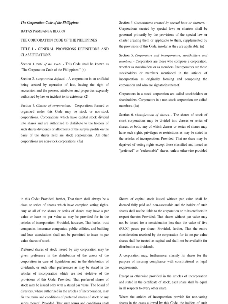 Corporation Code Complete (Codal) B.P. Blg. 68 | PDF | Stocks | Board ...