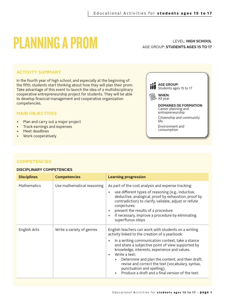 Planning A Prom: Activity Summary | PDF | Prom | Entrepreneurship