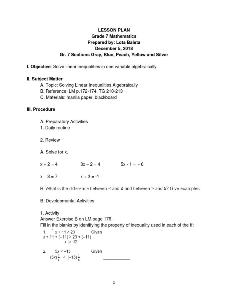 LESSON-PLAN-ON-Solving-Linear-Inequalities.docx | Inequality ...