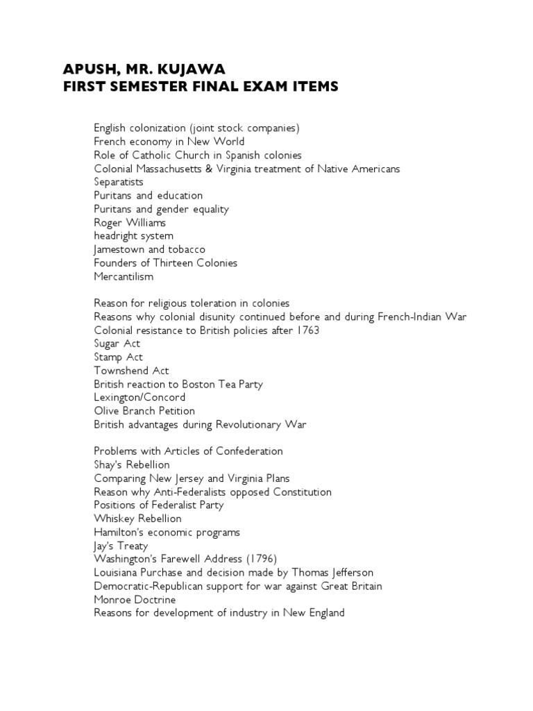Apush, Mr. Kujawa First Semester Final Exam Items | PDF | Politics ...