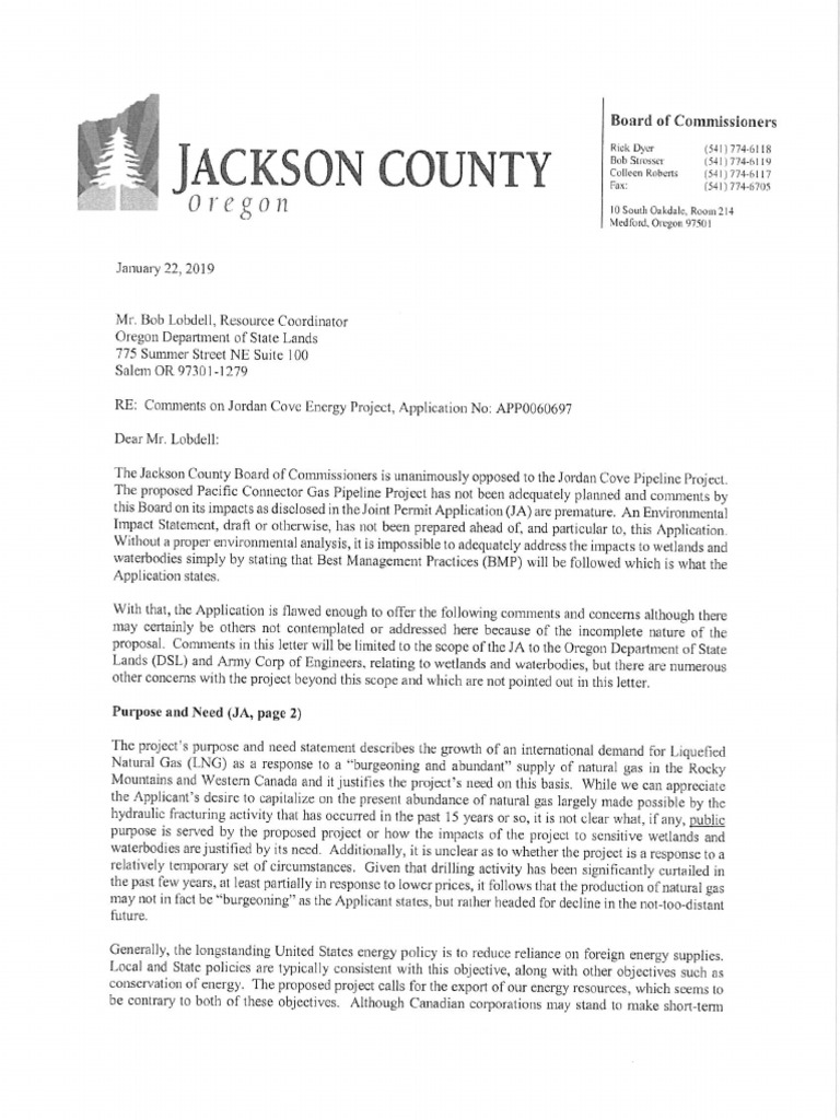 Jackson County Commissioner Letter To Oregon Department of State Lands ...