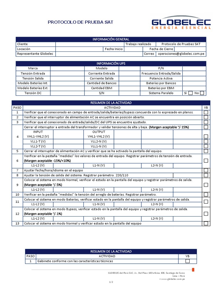 Protocolo de Pruebas SAT - UPS | PDF | Electrónica | Ingenieria Eléctrica