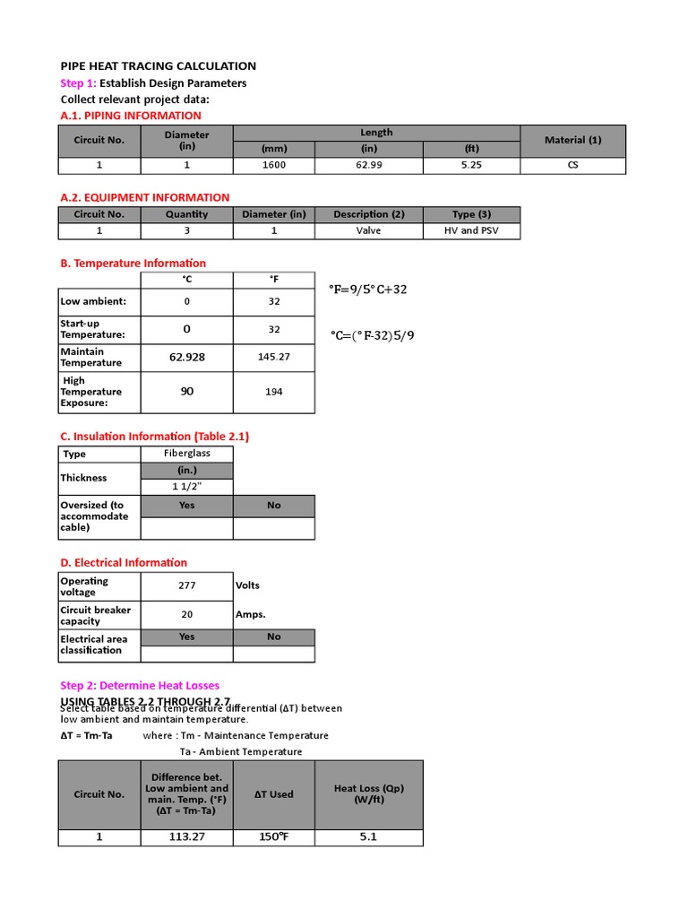 Pipe Heat Tracing Calculation: A.1. Piping Information | PDF | Thermal ...
