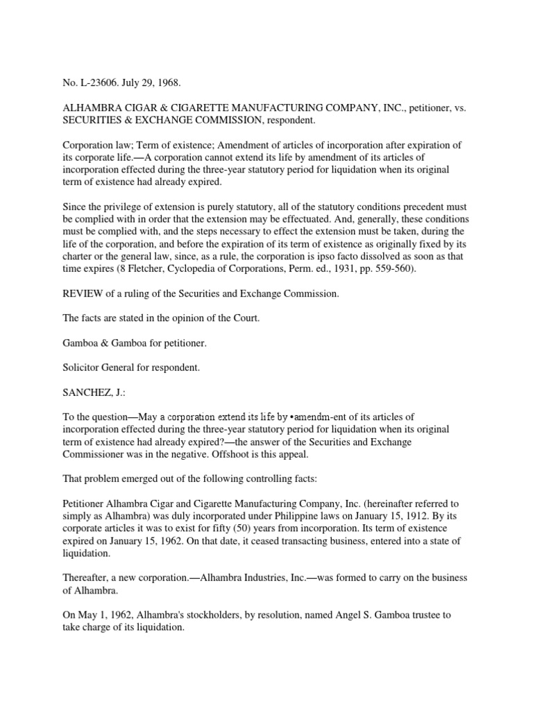 Alhambra Cigar v. SEC, 24 SCRA 269 (1968) | PDF | Corporations ...