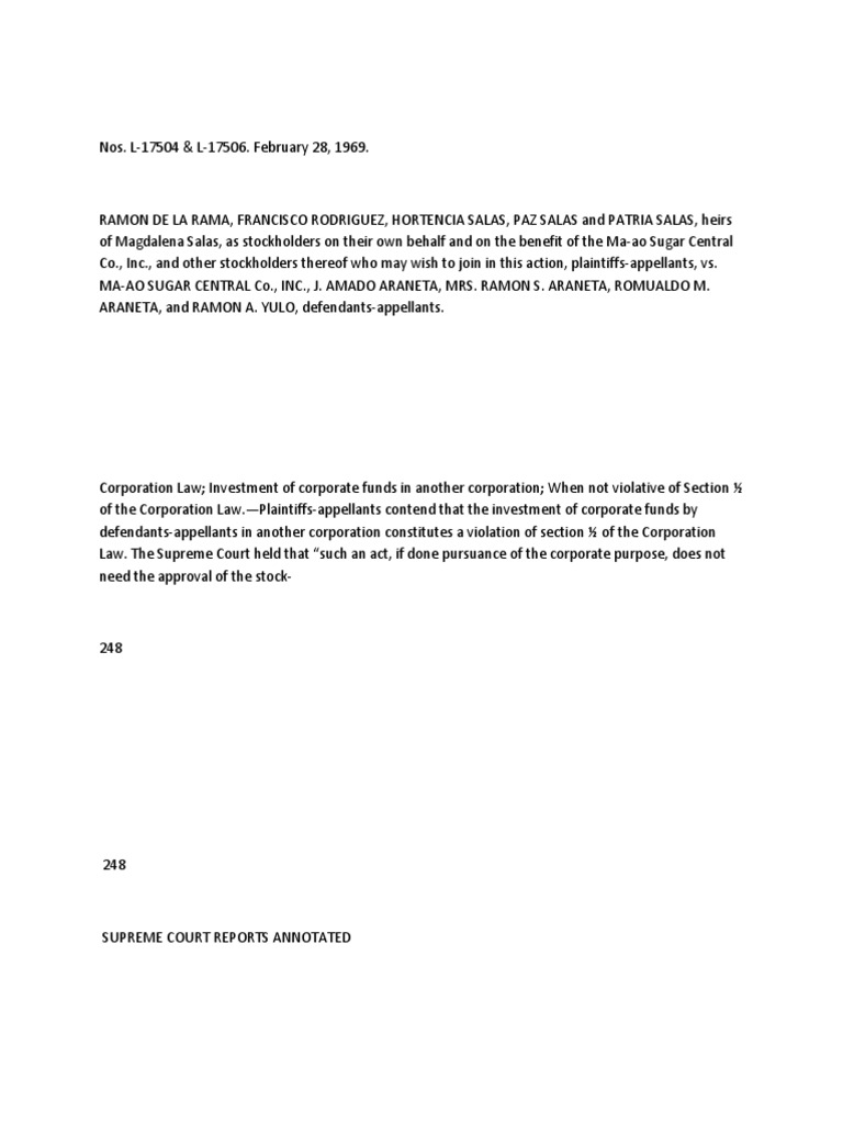 De La Rama v. Ma-Ao Sugar Central Co., 27 SCRA 247 (1969) | PDF | Lawsuit | Complaint