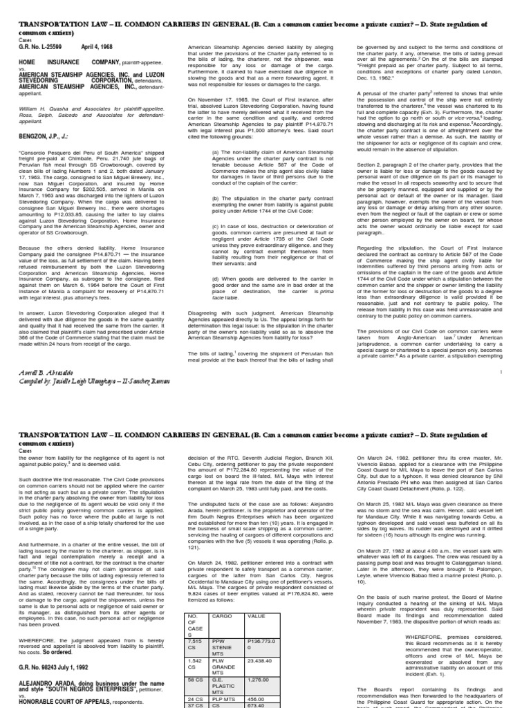 TRANSPORTATION LAW - II. COMMON CARRIERS IN GENERAL (B. Can A Common ...
