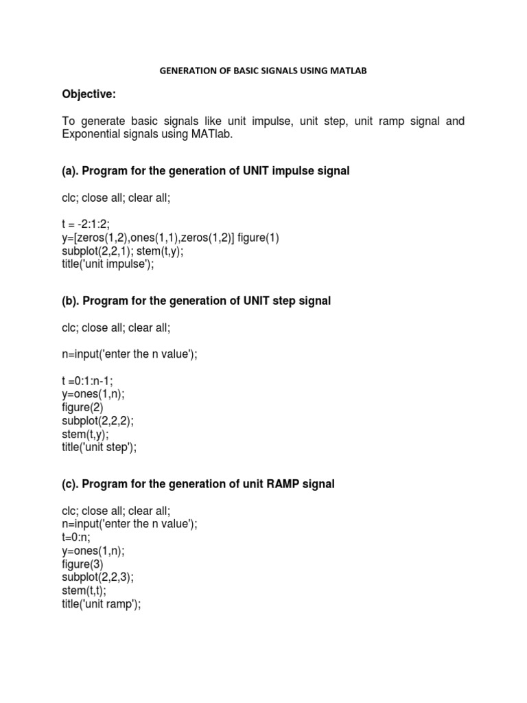 Objective:: Generation of Basic Signals Using Matlab | PDF