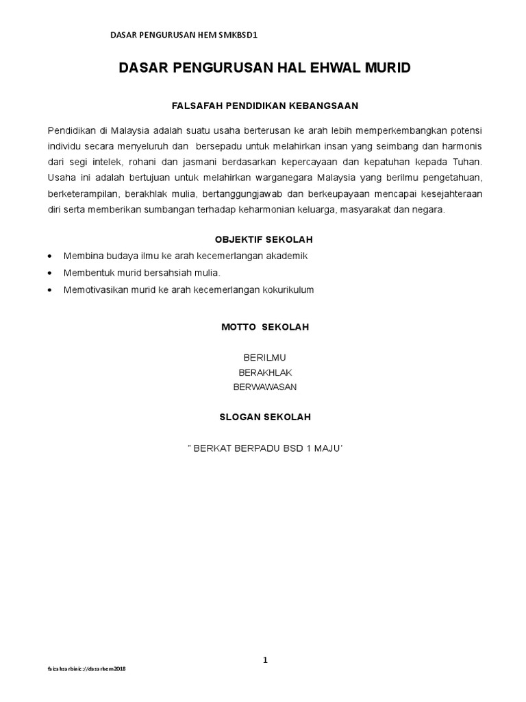 Dasar Pengurusan Hal Ehwal Murid Matlama | PDF