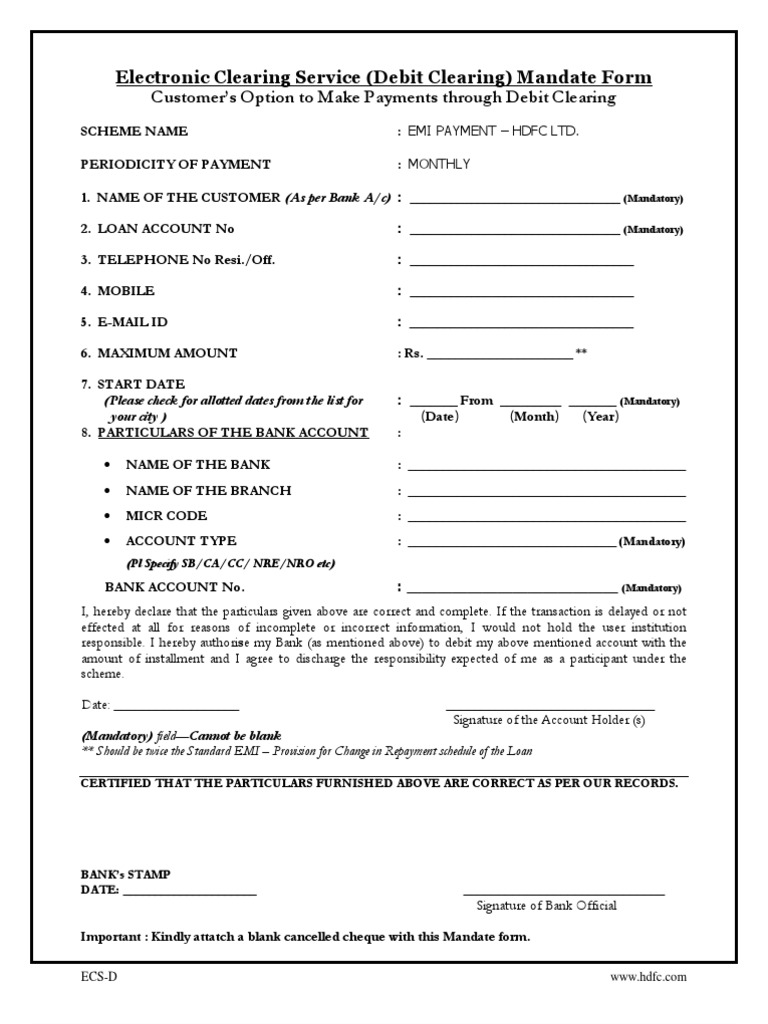 ECS-D Mandate Form | Download Free PDF | Debit Card | Banks