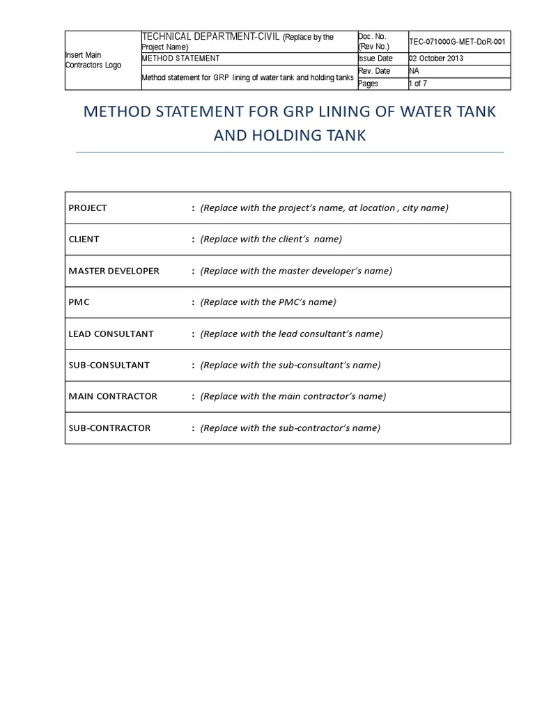 GRP Lining Method Statement for Tanks | PDF | Fiberglass | Materials