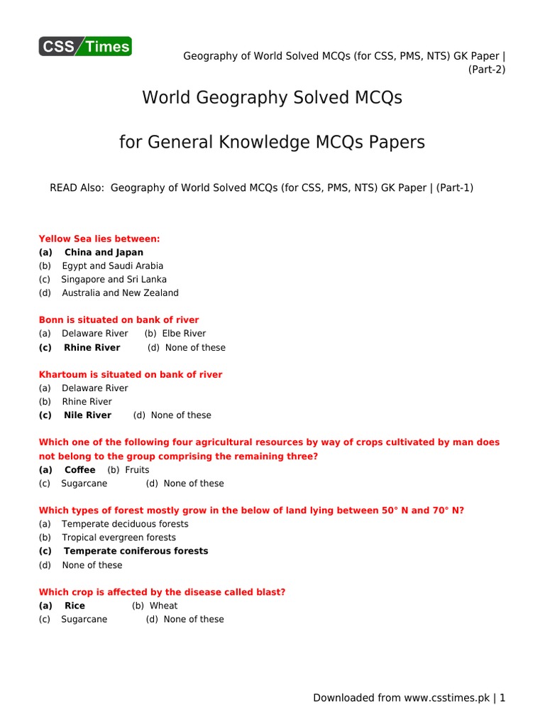 Geography of World Solved MCQs (For CSS, PMS, NTS) GK Paper - (Part-2 ...