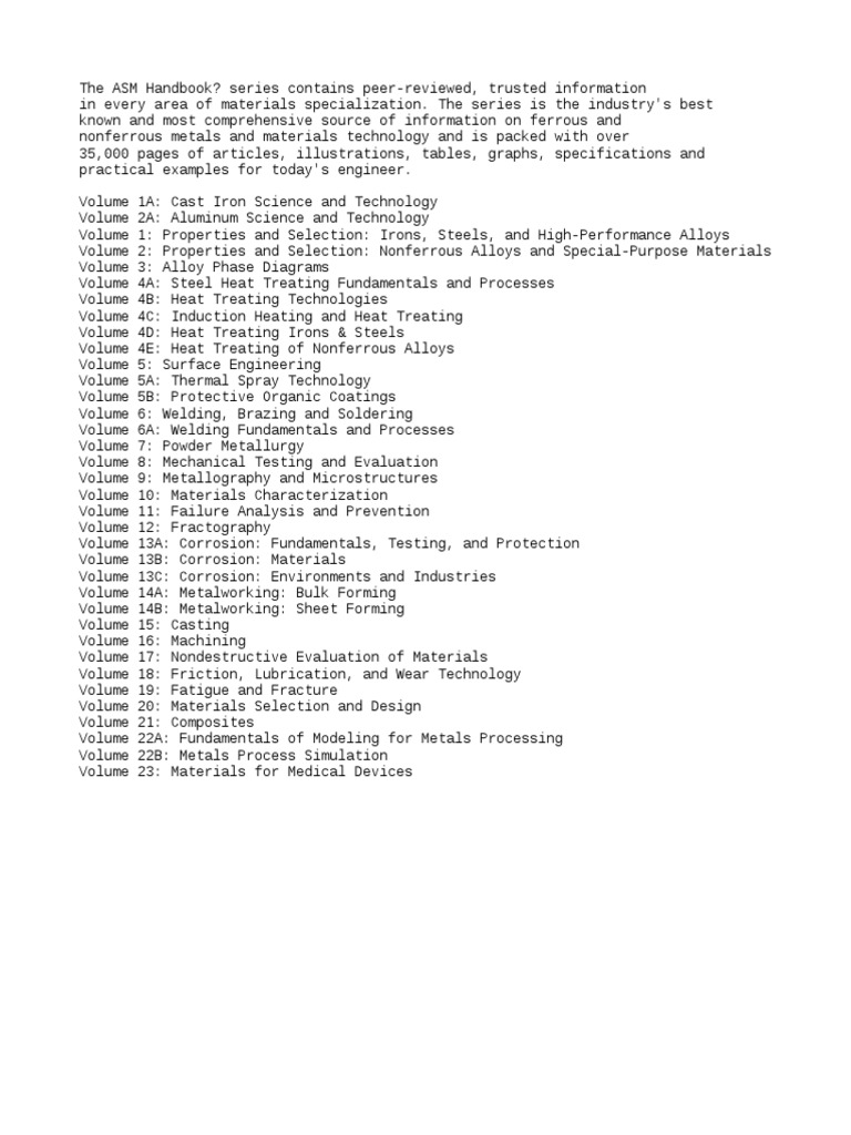 ASM Handbook Series Overview | PDF | Science & Mathematics | Technology ...