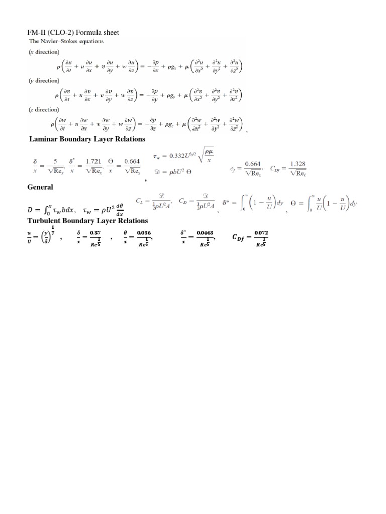 FM-II (CLO-2) Formula Sheet: Laminar Boundary Layer Relations | PDF | Science & Mathematics