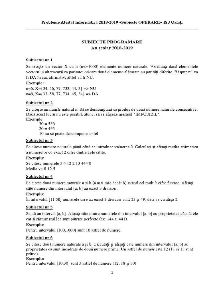 Subiecte Programare 2018-2019 | PDF