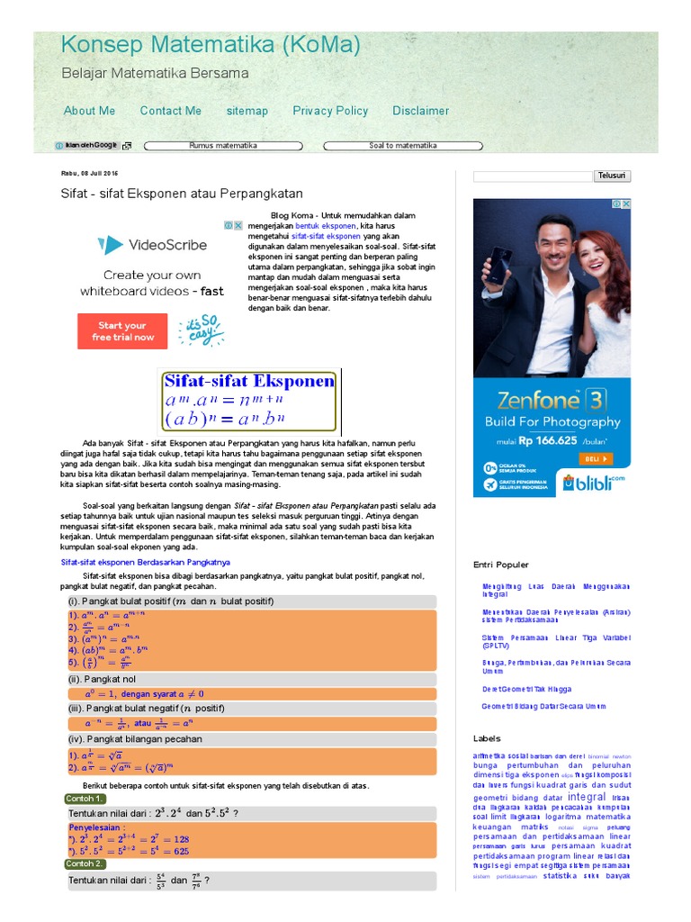 Konsep Matematika (KoMa) - Sifat - Sifat Eksponen Atau Perpangkatan | PDF