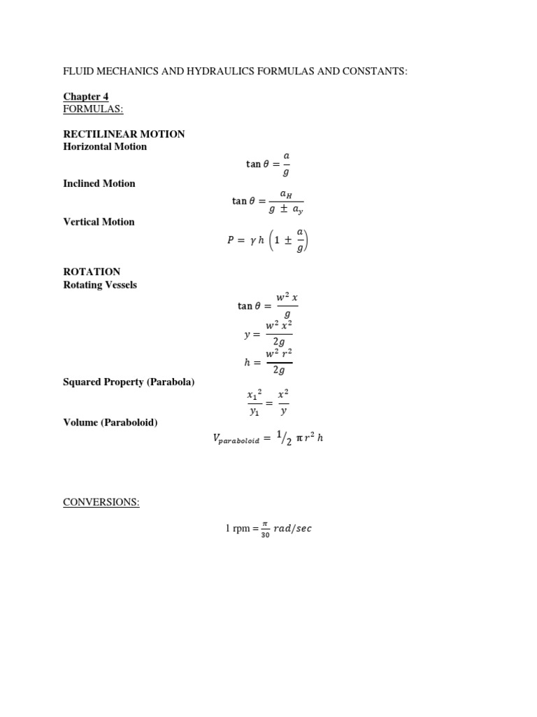 Fluid Mechanics Formulas & Constants | PDF | Dynamics (Mechanics) | Liquids
