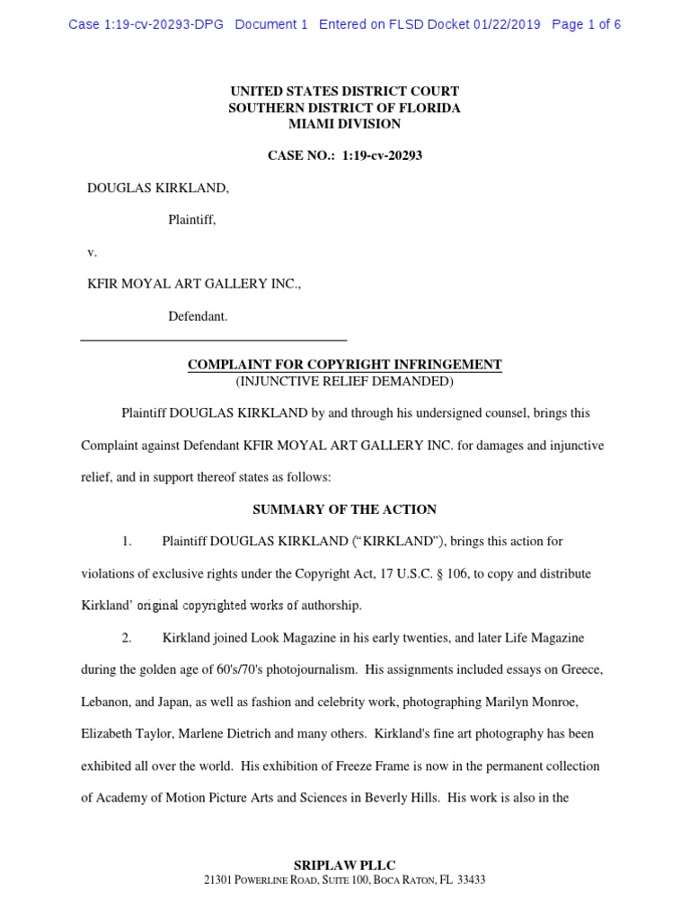 Douglas Kirkland v. KFIR Moyal Art Gallary | PDF | Complaint ...