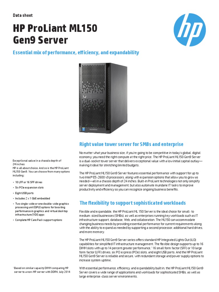 HP Proliant ML150 Gen9 Datasheet | PDF | Hewlett Packard | Server ...